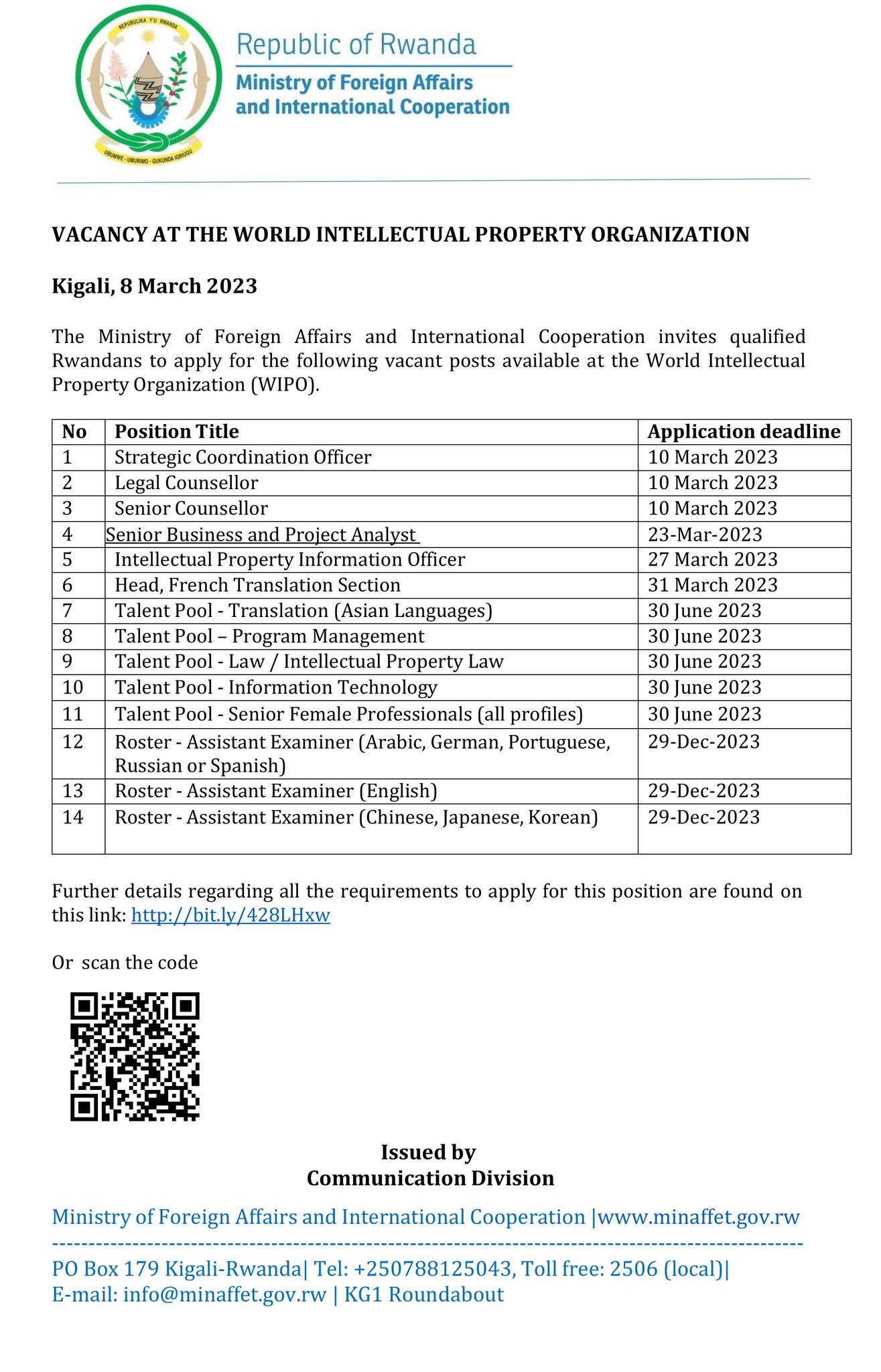 Job positions at the World Intellectual Property Organization | IMBERE